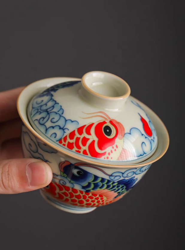 Ceramic Dragon Fish Yuanbao Gaiwan Teacup | Oriental Artisan